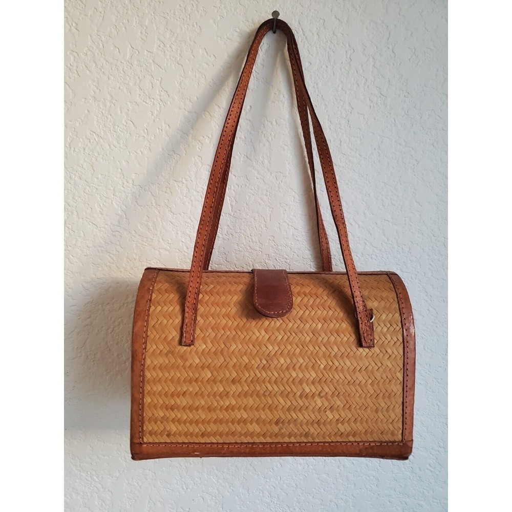 Vintage Coated Rattan Wicker Leather Purse Bamboo Han… - Gem
